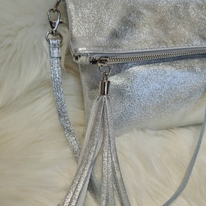 Metallic Silver Leather Clutch: Foldover Evening Bag With Strap - Etsy