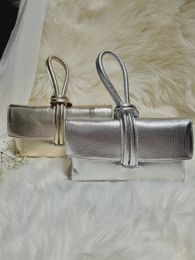 Loop Lock Dark Silver Clutch Bag, Metallic Real Leather Gold Party Bag ...
