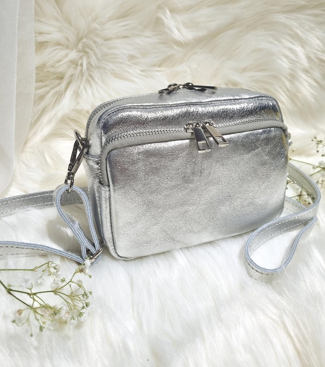 Silver Leather Crossbody Bag: Metallic Party Shoulder Bag - Etsy