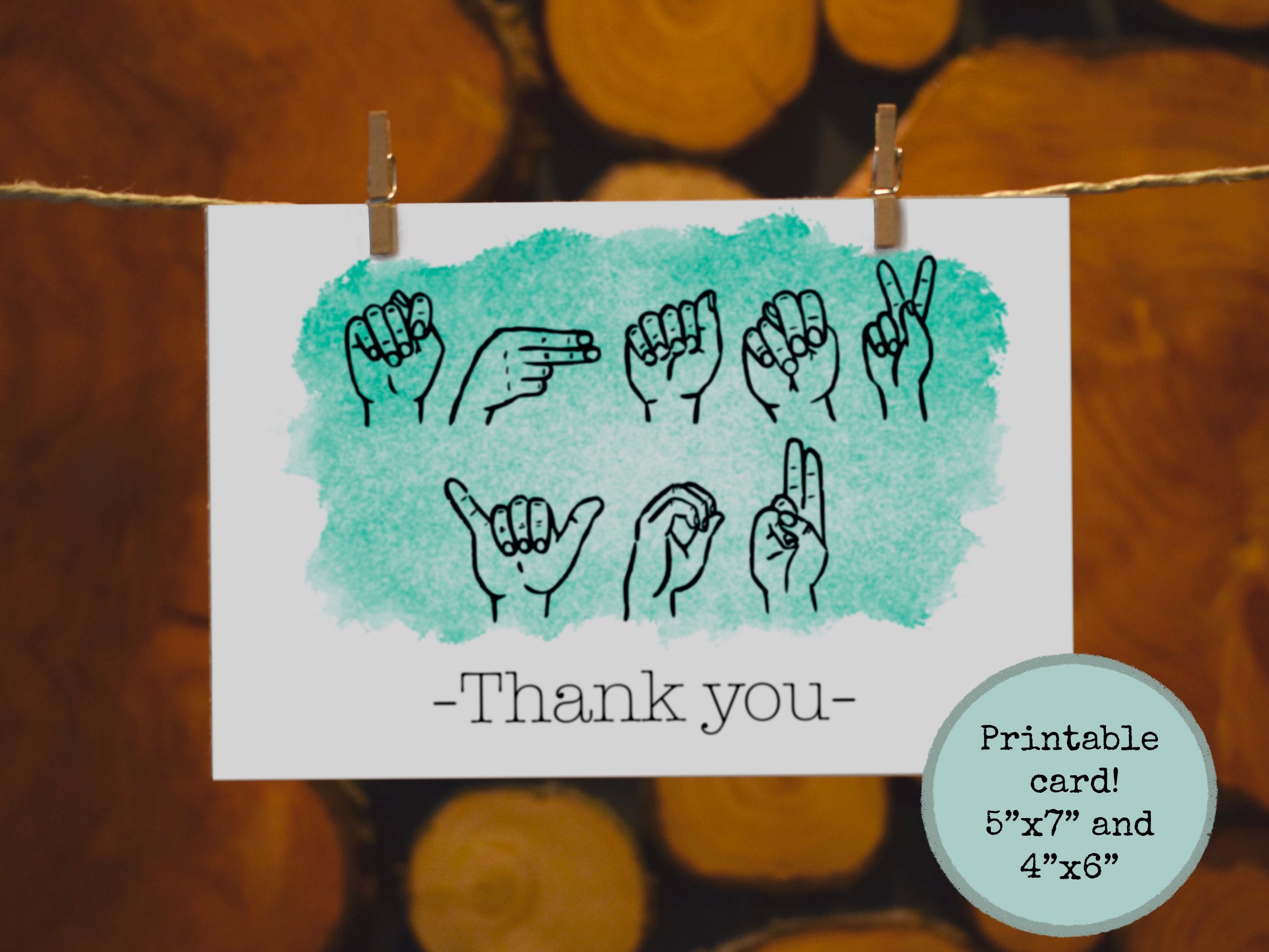 Printable Thank You Card, American Sign Language, Digital Download, 4x6 ...