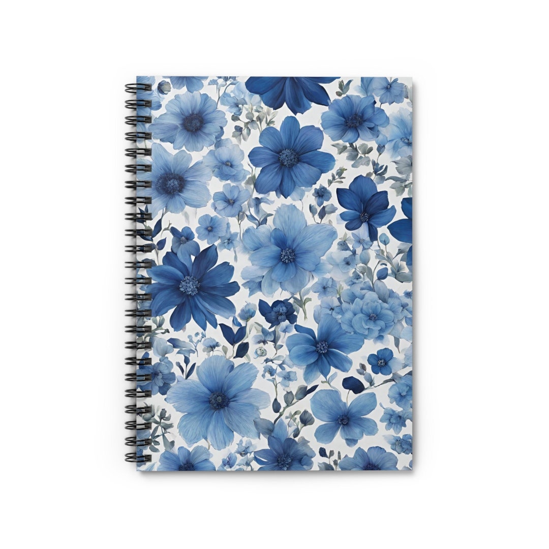 Blue Floral Spiral Notebook Ruled Line, Shades of Blue Floral Journal ...