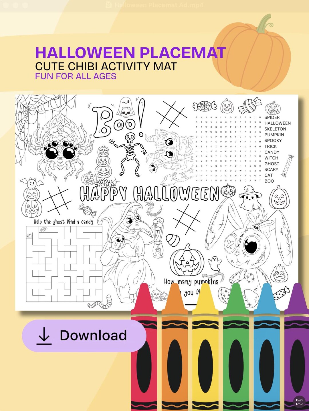 Printable Halloween Coloring Placemat – Cute Chibi Horror Activity Mat ...