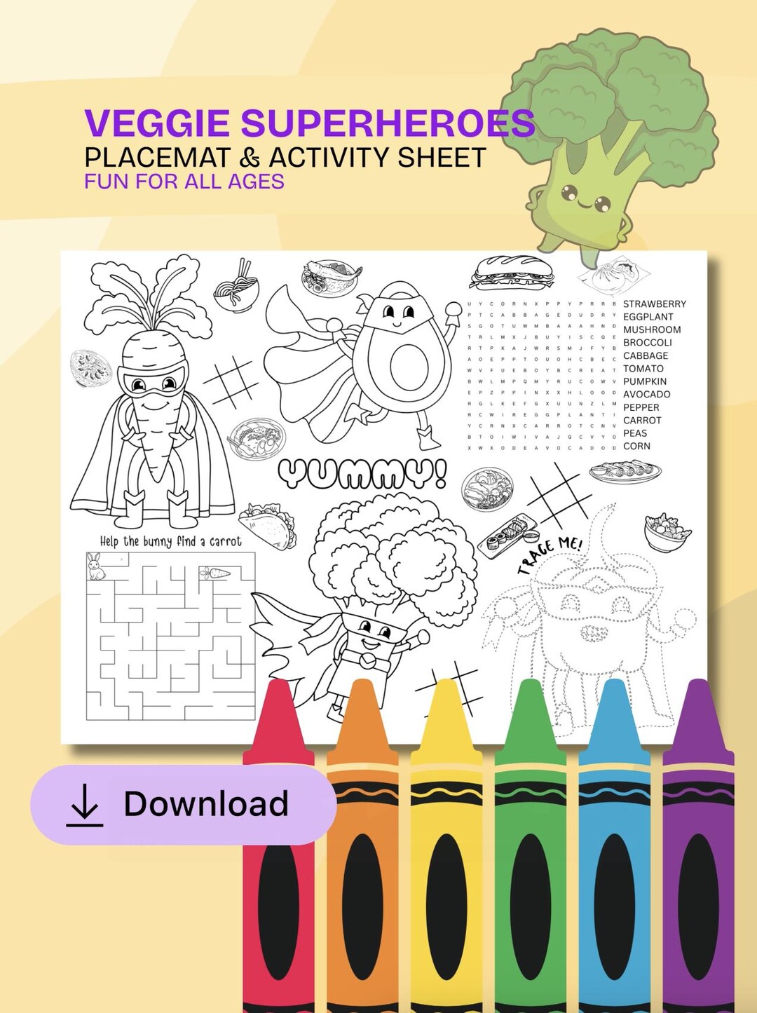 Printable Vegetable Superhero Placemat – Kids Coloring Activity With ...