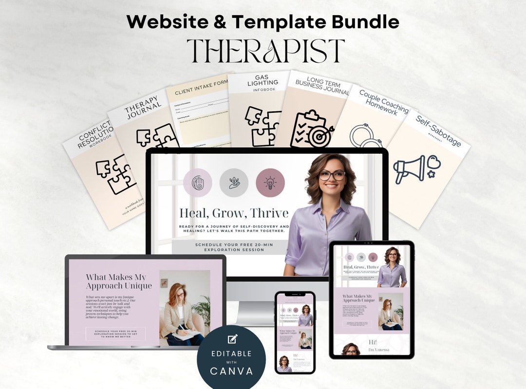 Therapist Canva Website and Template Bundle, Psychotherapist Landing ...