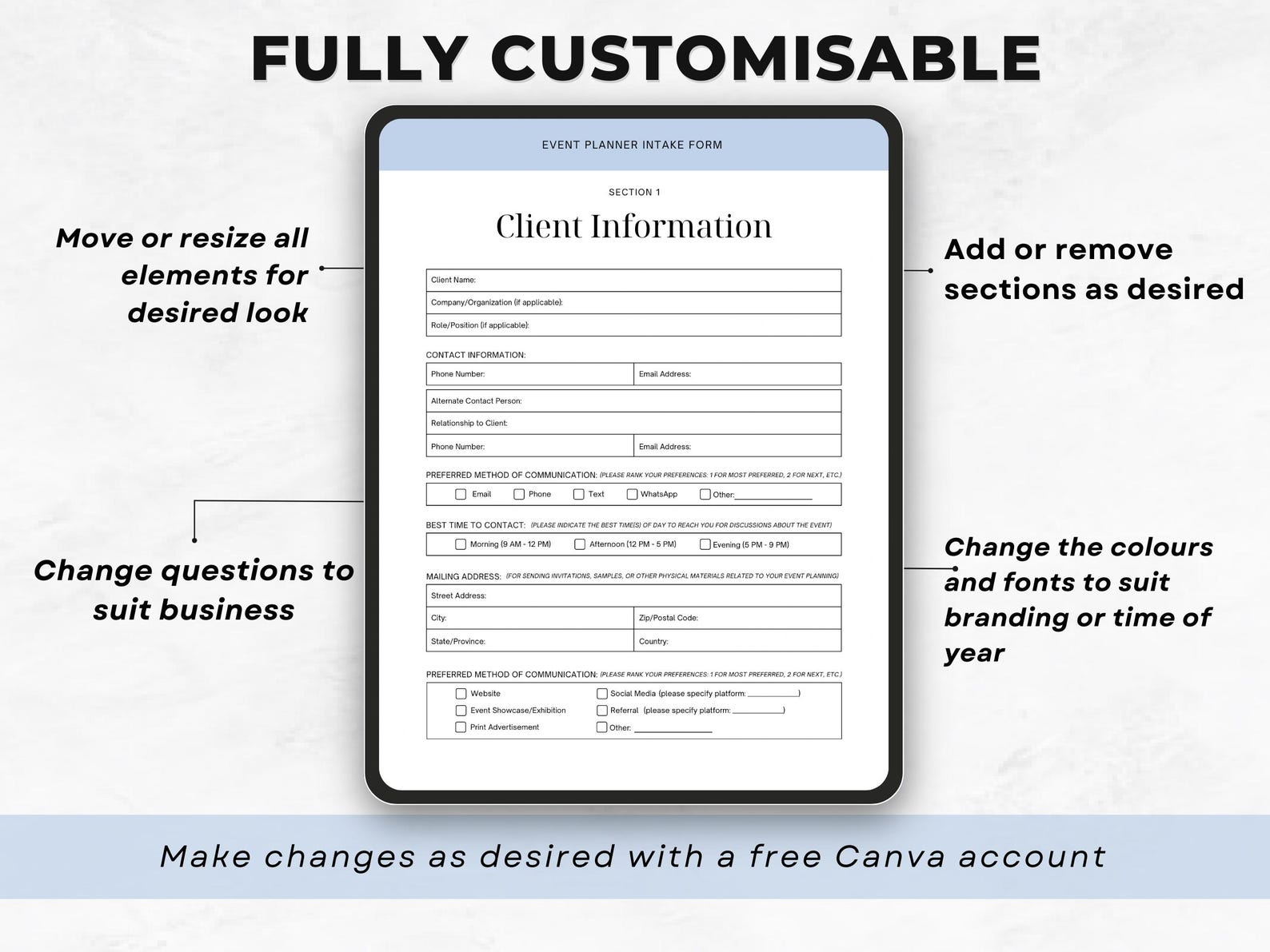 Editable Event Planner Questionnaire - Customizable Client Intake Form ...