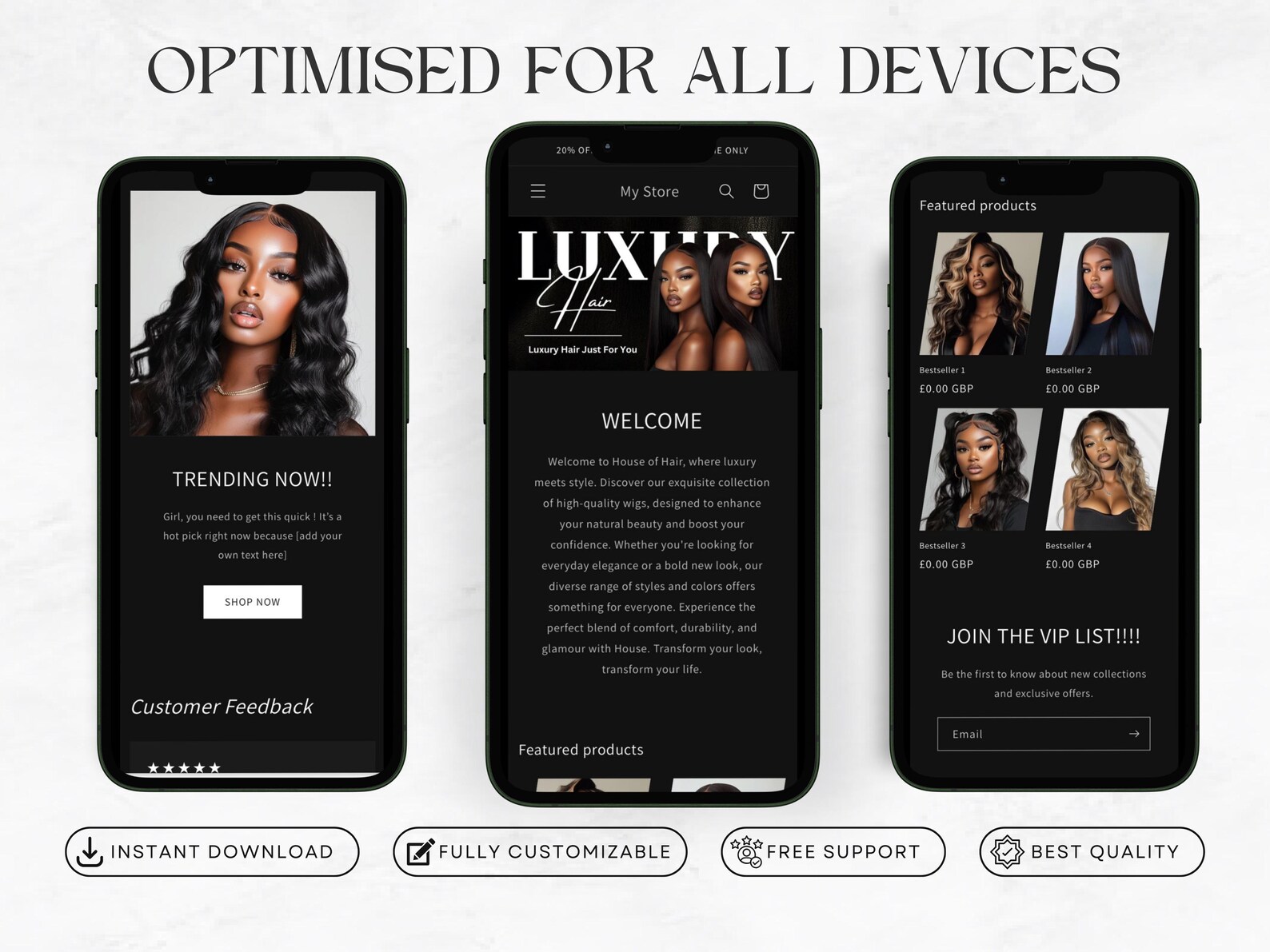 Modern Custom Shopify Theme for Lace Front Wig Shop Luxury Black Design ...