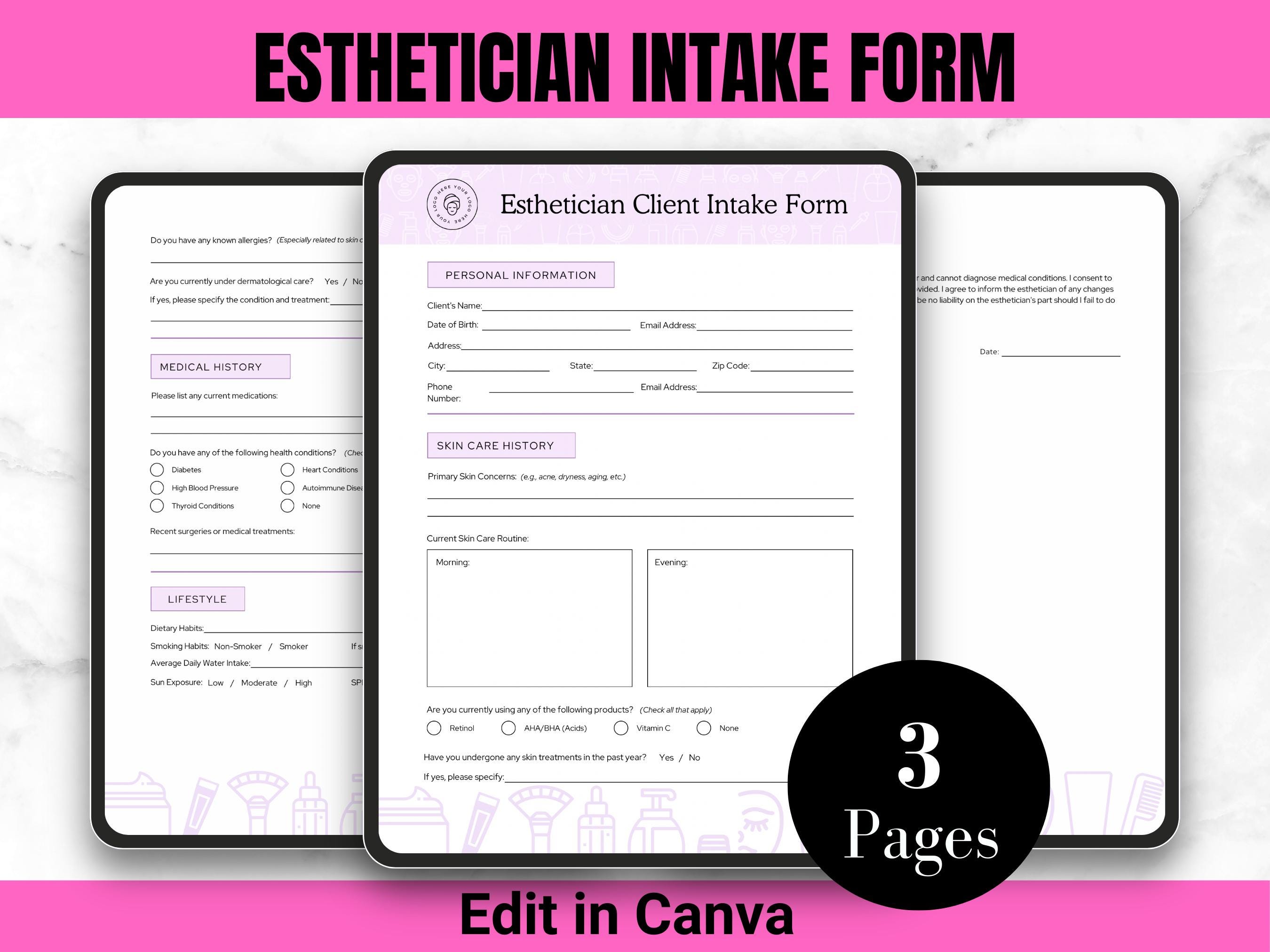 Editable Esthetician Consent Forms - Facial Treatment Forms - Client ...