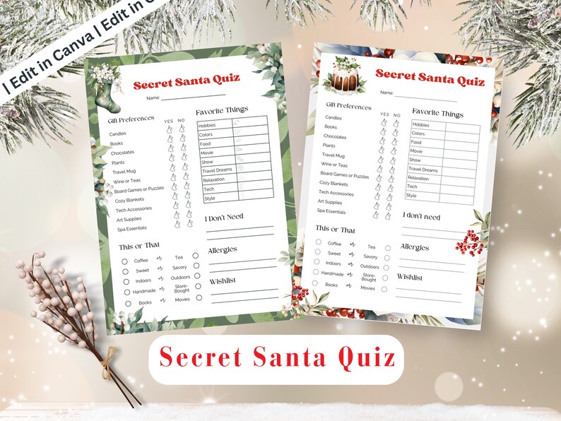Secret Santa Questionnaire, Gift Exchange Survey and Favourite Things ...