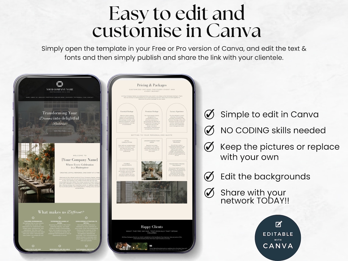 Event Planner Canva Website Template and Bundle, Events Manager Landing ...