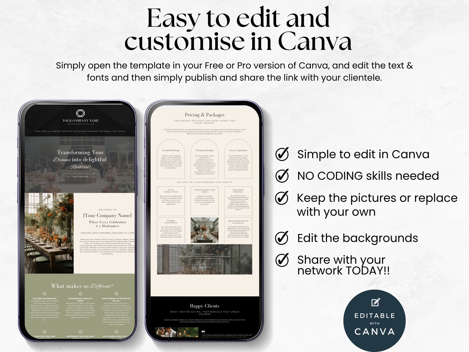 Event Planner Canva Website Template and Bundle, Events Manager Landing ...