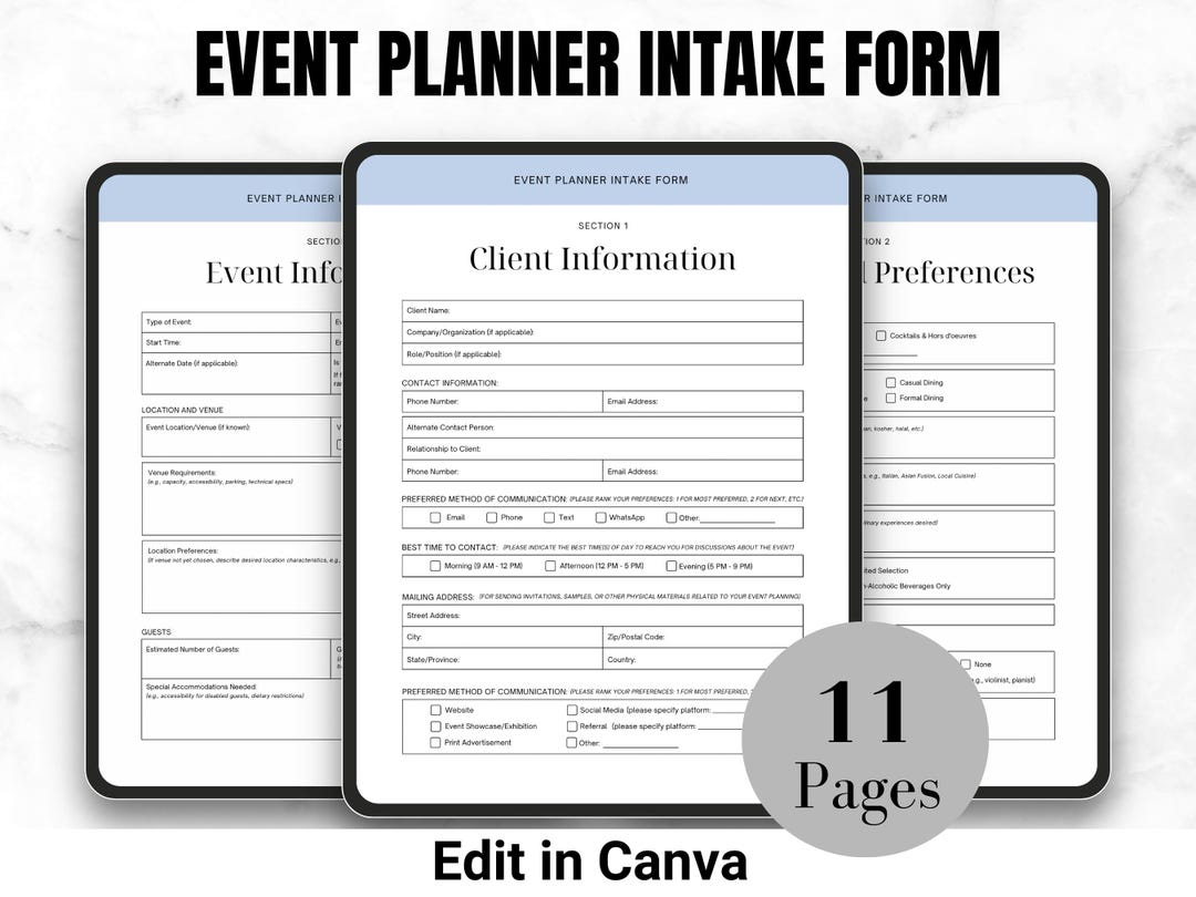 Editable Event Planner Questionnaire - Customizable Client Intake Form ...