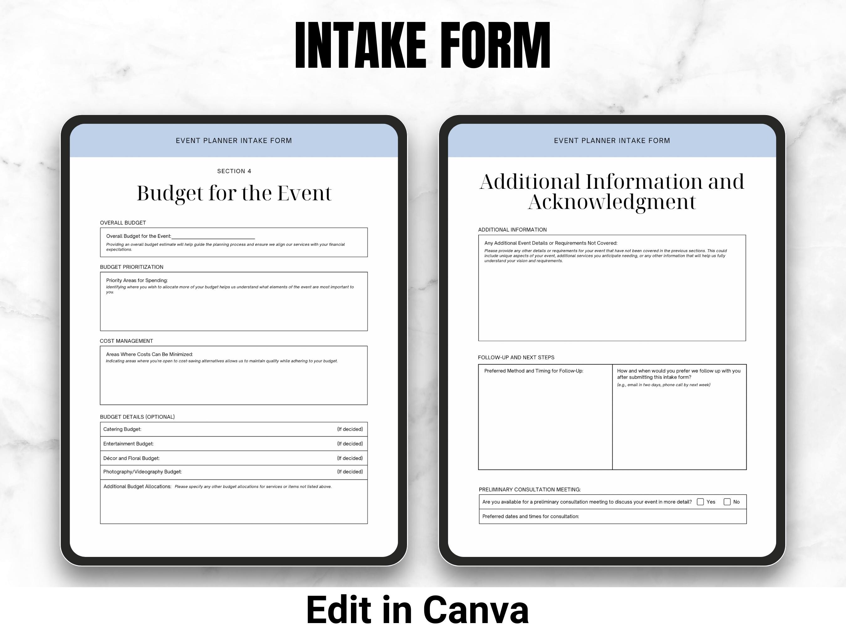 Editable Event Planner Questionnaire - Customizable Client Intake Form ...