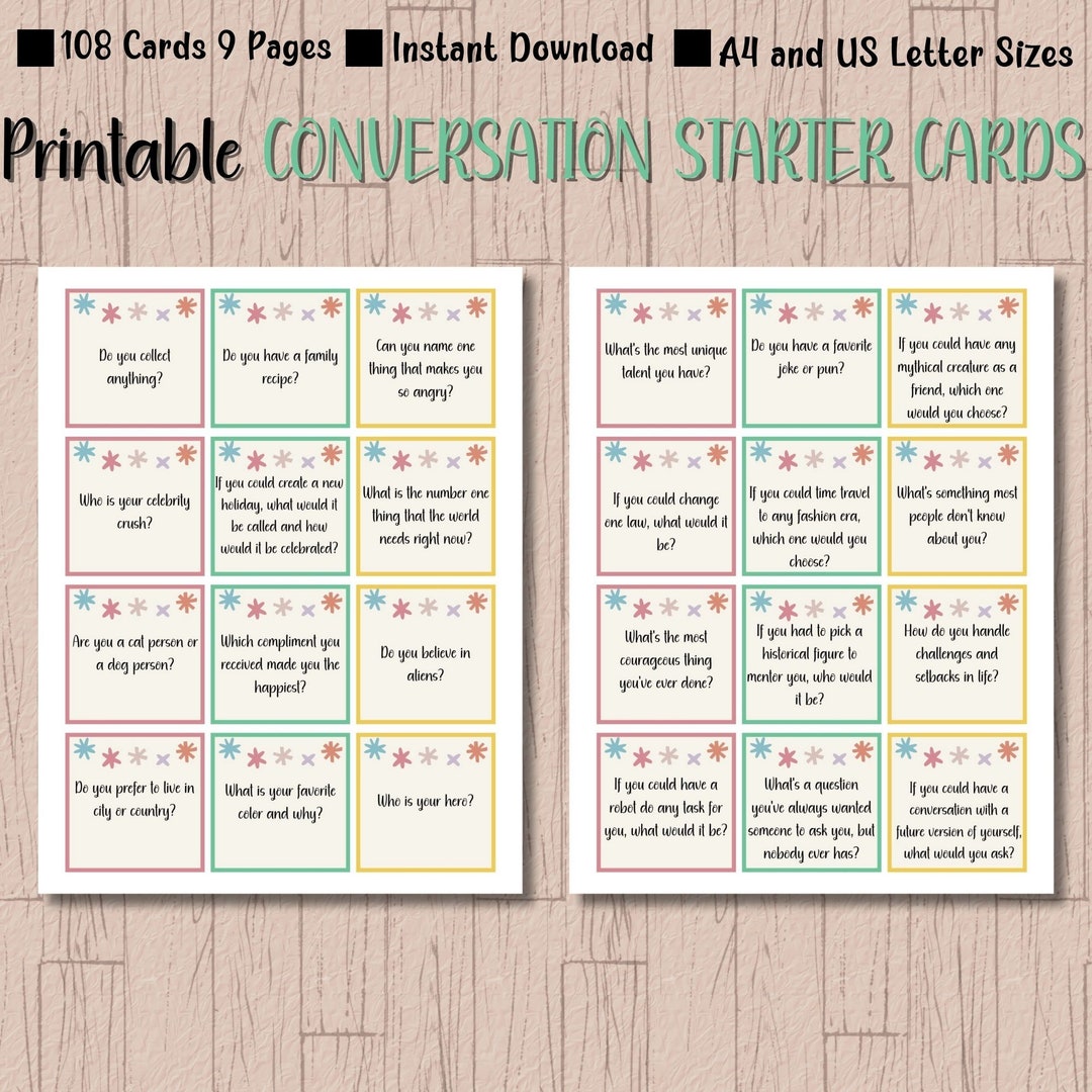 108 Printable Conversation Cards, Conversation Starter, Icebreaker Game ...