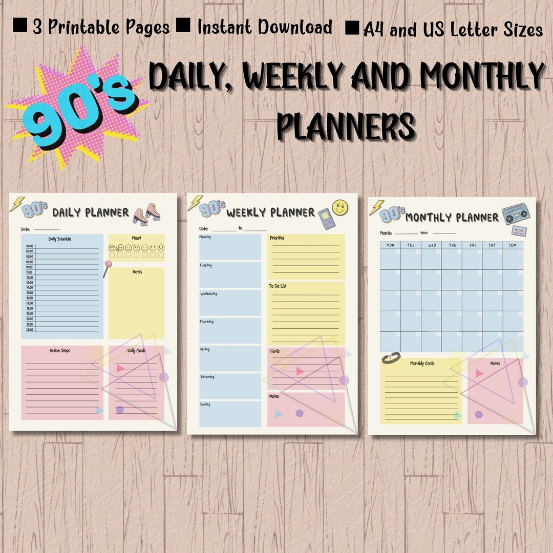 Daily Weekly Monthly Planner Printable Pages 90s Theme Undated ...