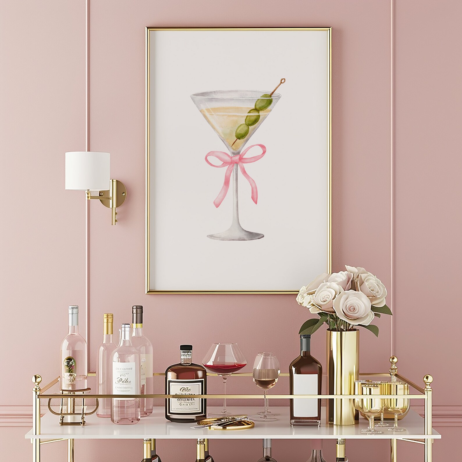 Martini Glass Print: Pink Bow Coquette Bar Cart Art - Etsy