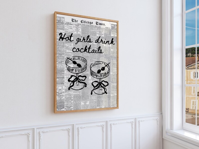 Newspaper Cocktail Print: "hot Girls Drink Cocktails" Bar Cart Art - Etsy