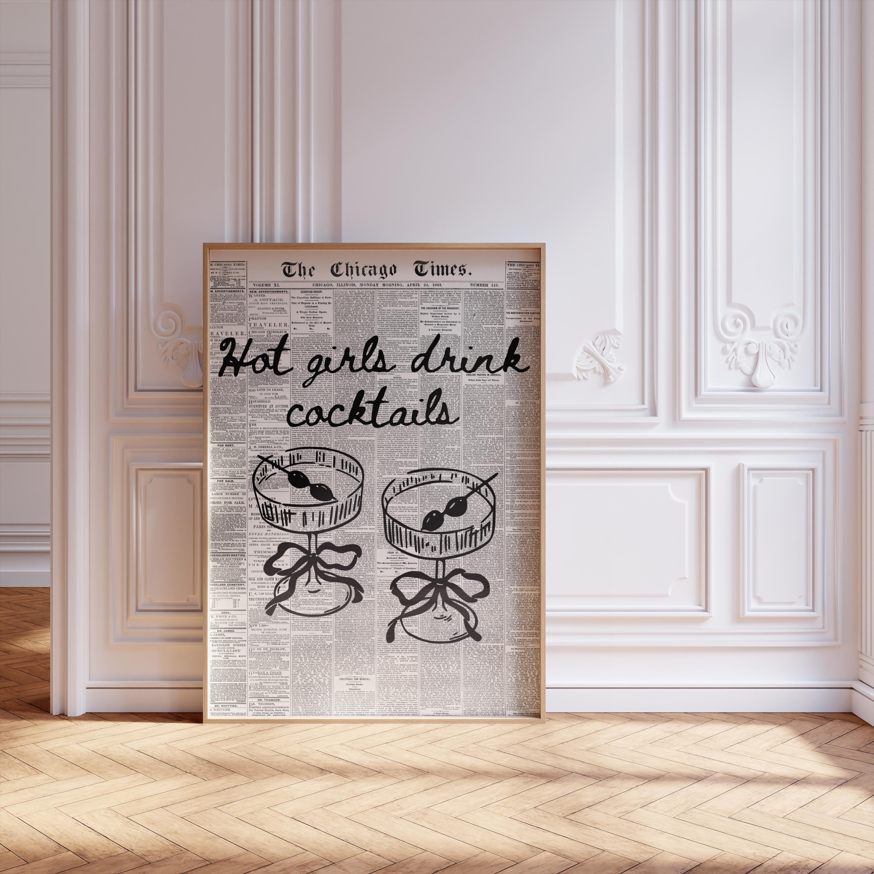 Newspaper Cocktail Print: "hot Girls Drink Cocktails" Bar Cart Art - Etsy