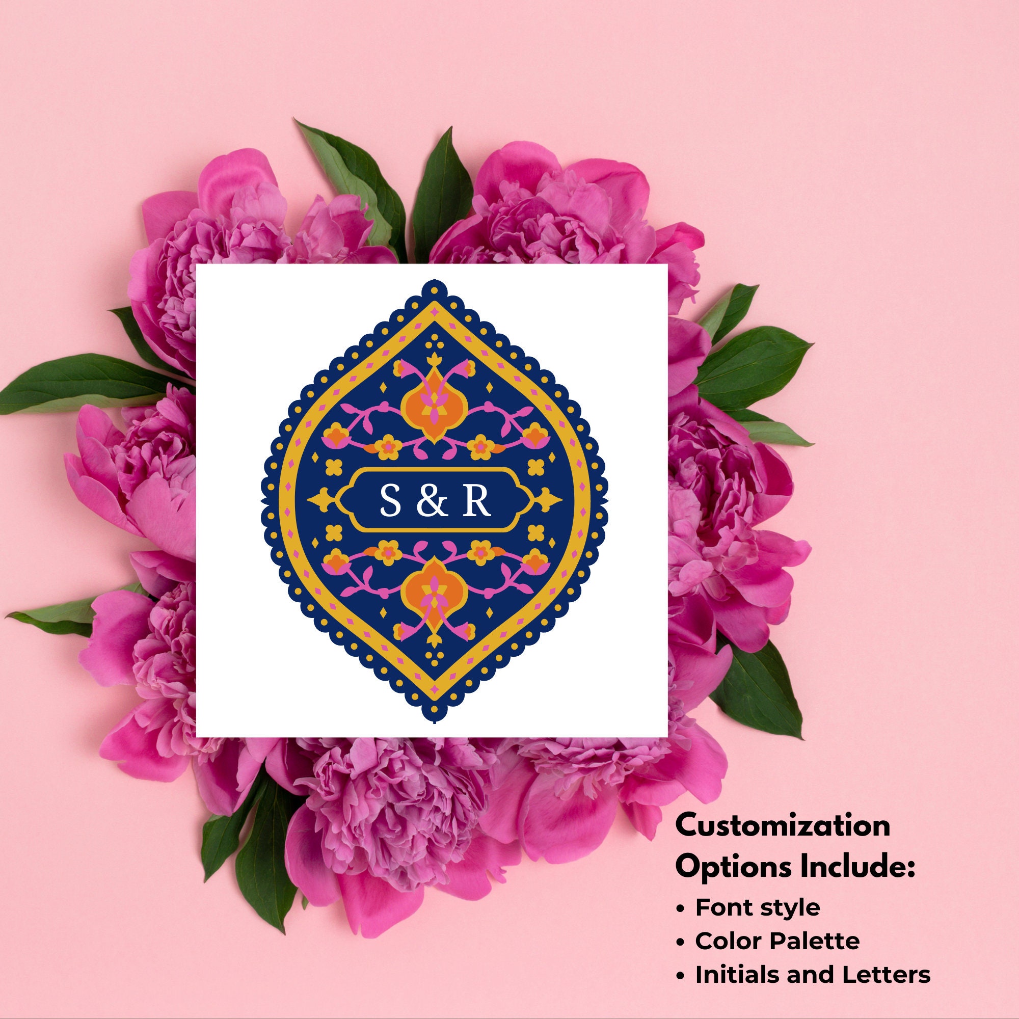 Indian Wedding Monogram, Custom Couple Initials Names Logo, Floral ...