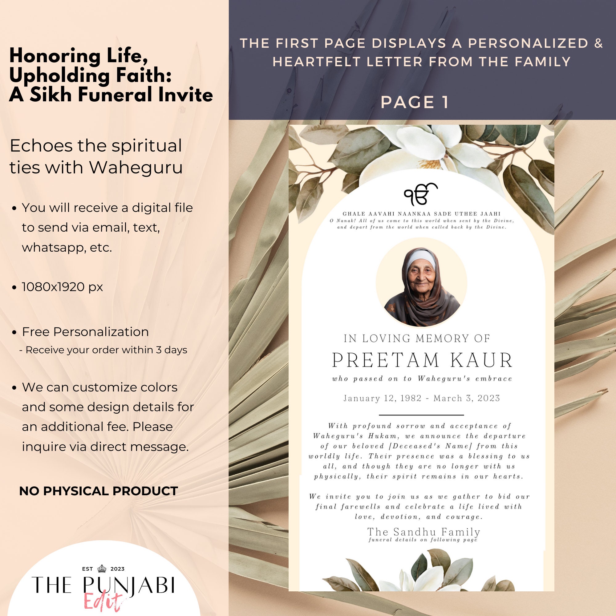 Sikh Funeral Invite, 2 Page Digital Punjabi Invitation, Memorial ...