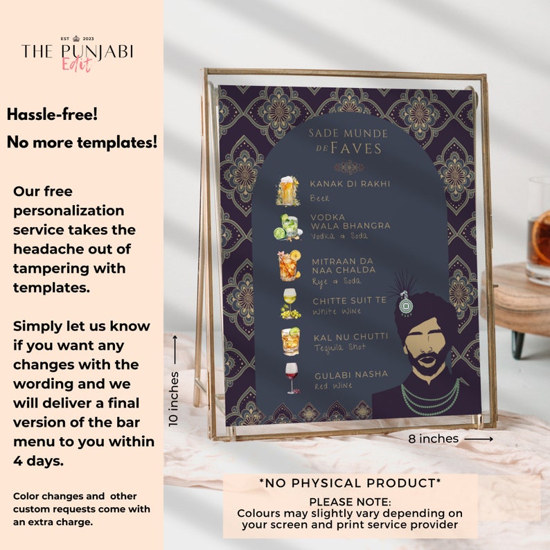 Punjabi Wedding Props, Bar Menu, Indian Desi Digital Drink List, Viah ...