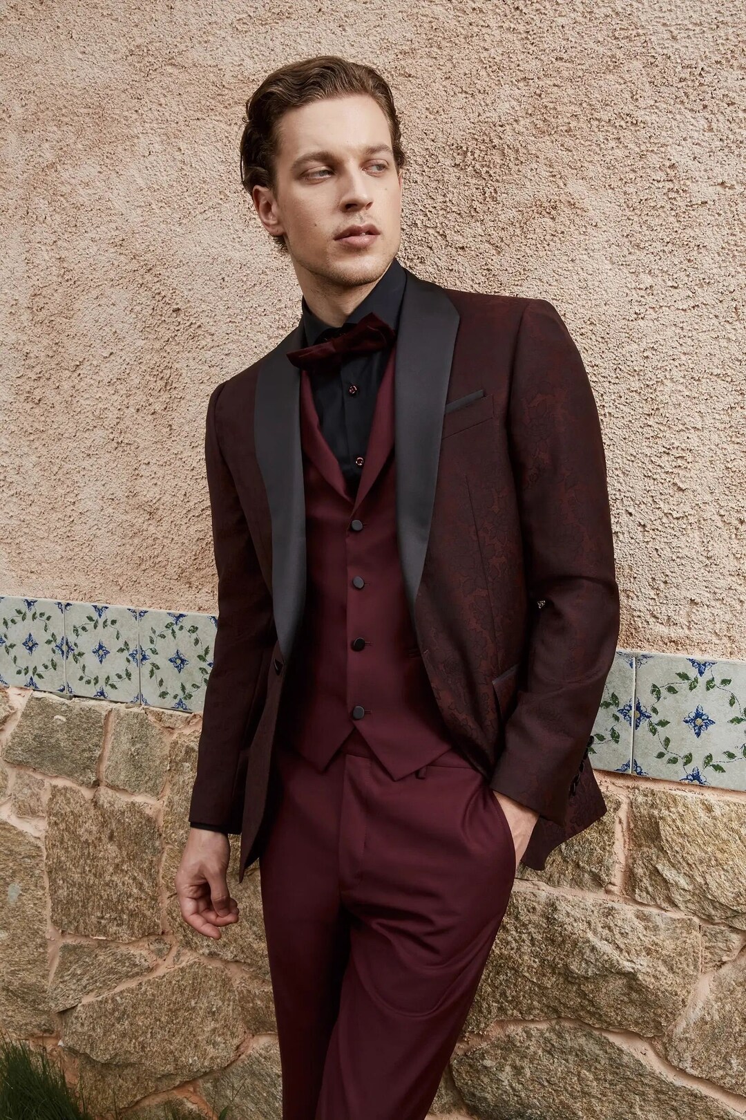 Burgundy Embroidered Tuxedo Custom Photo Collage Lining Available Made ...