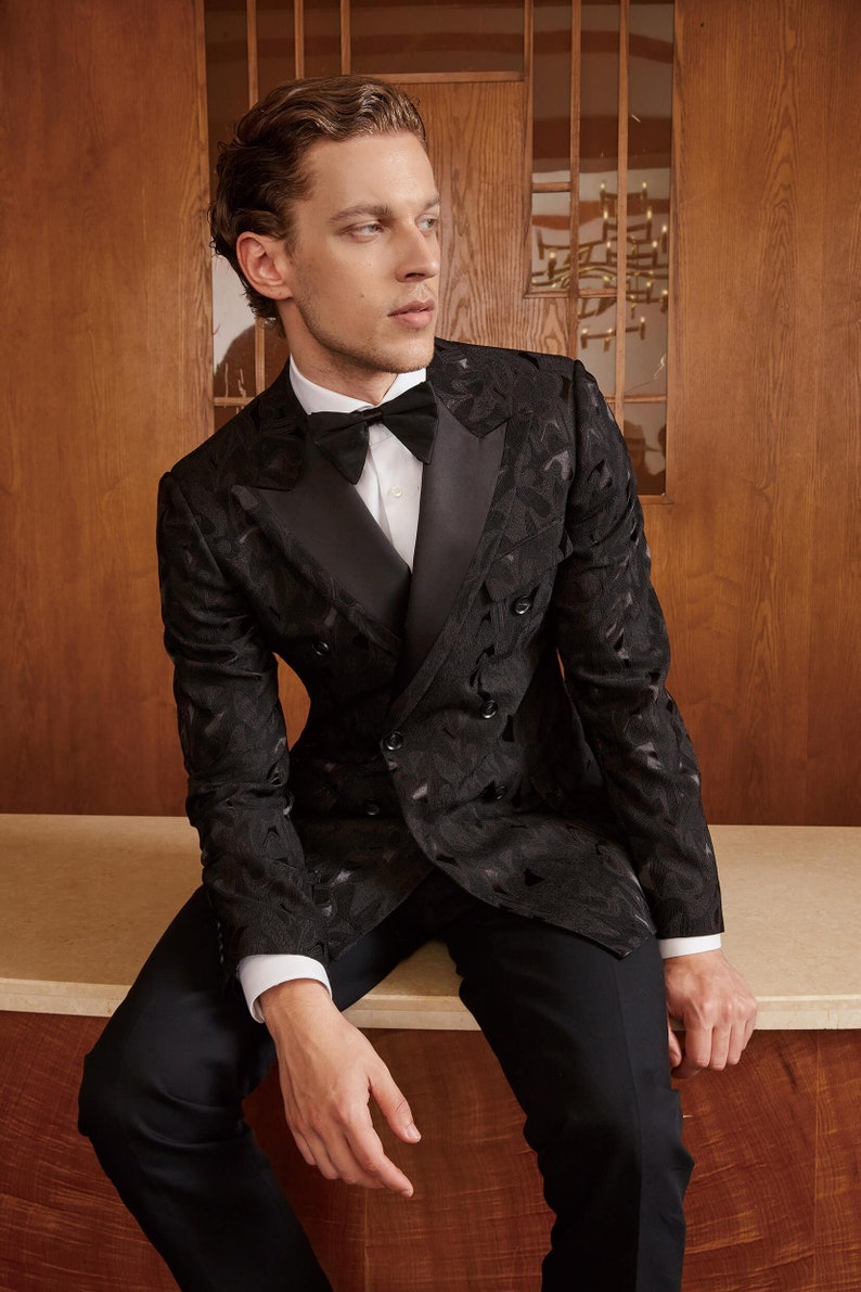 Black Embroidered Tuxedo | Custom Photo Collage Lining Available | Made ...