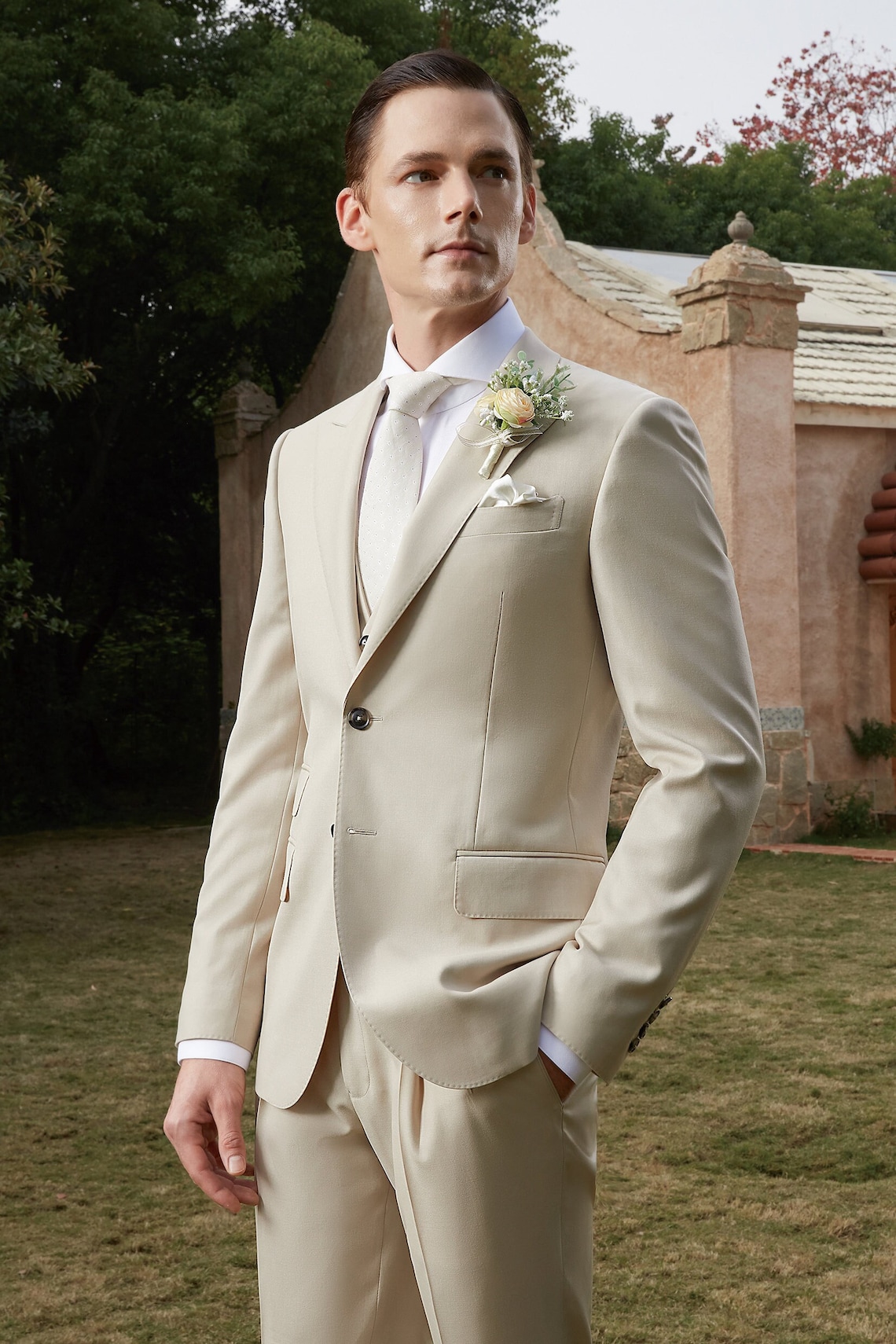 Cream Wedding Suit | Custom Photo Collage Lining Available | Made to ...