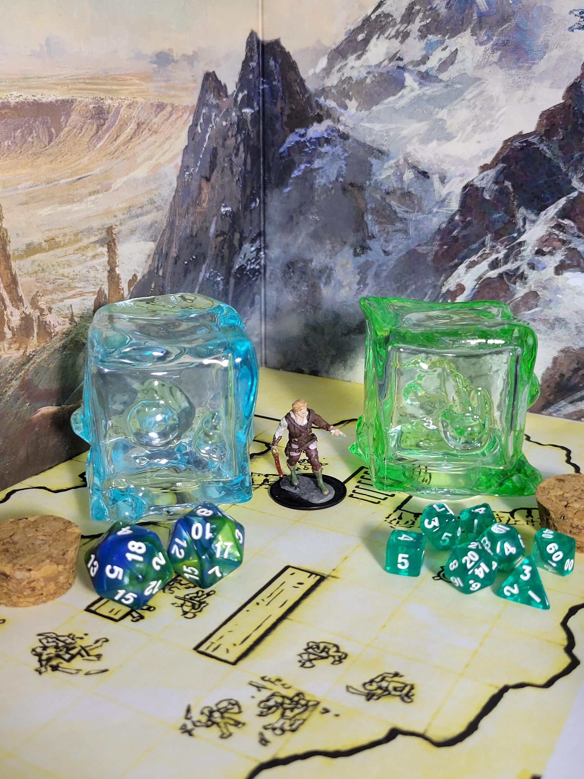 Gelatinous Cube Jar / Miniature With 2x Blue-green D20 Dice for TTRPG D ...