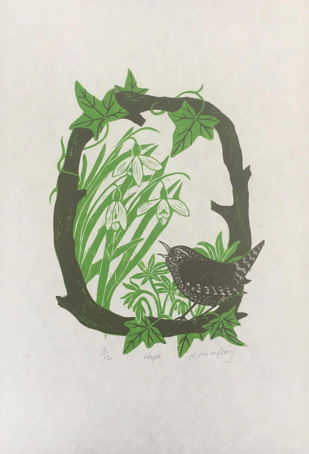 Hope Snowdrop & Wren Print, Limited Edition Print, Linocut Print ...