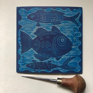 Blue Fish, Swimming in the Sea, Linocut Print, Relief Print, Original ...