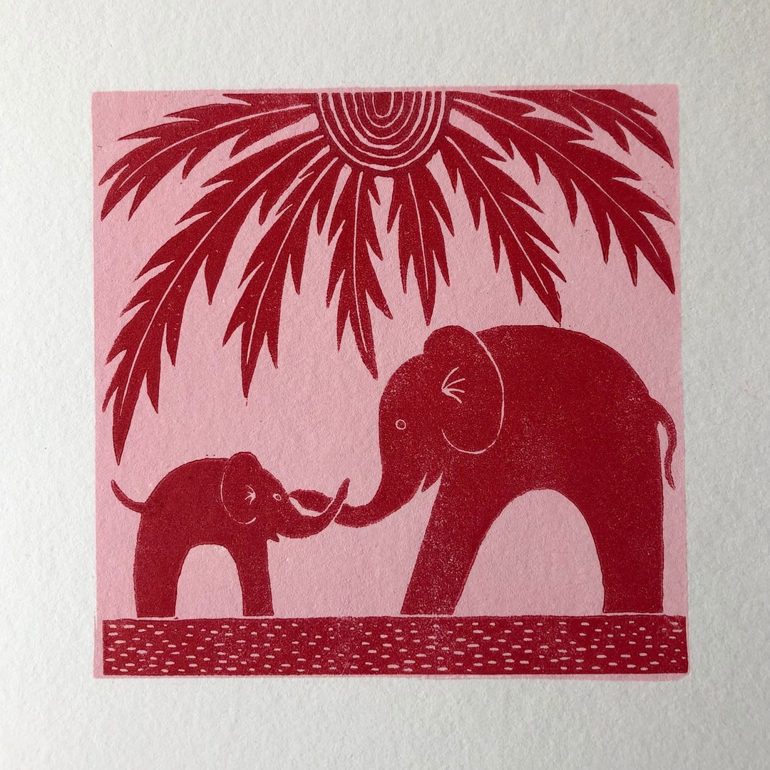 Little Elephants, Linocut Print, Original Artwork, Hand-carved ...
