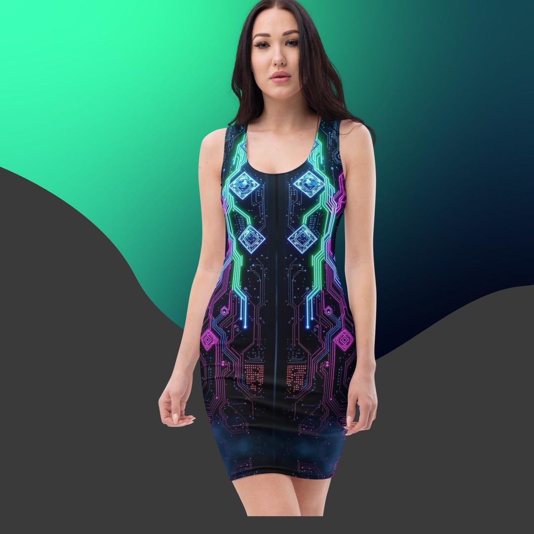 Neon Cyberpunk Dress Techno Rave Bodycon Circuitry Festival Fashion ...