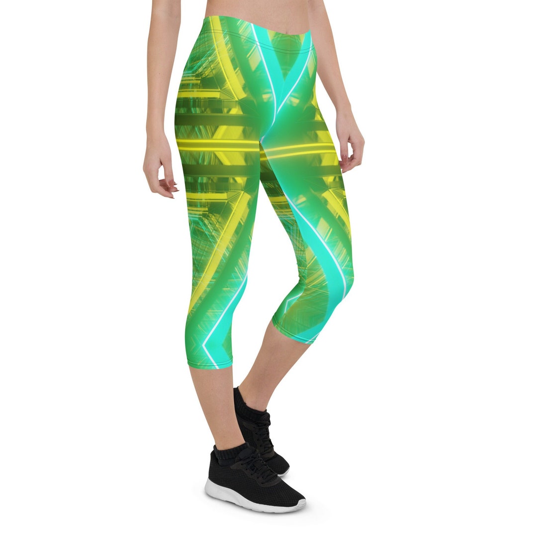 Neon Glow Capri Leggings, Soft Yoga Pants, Comfy Fitness Capris, Women's Unique Workout Clothing ...