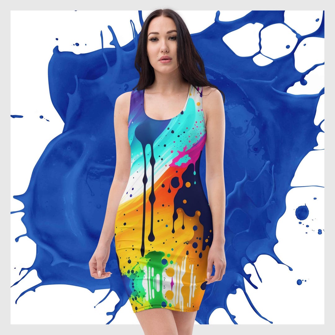 Paint Splatter Dress Colorful Bodycon Abstract Art Mini Dresses Fitted ...