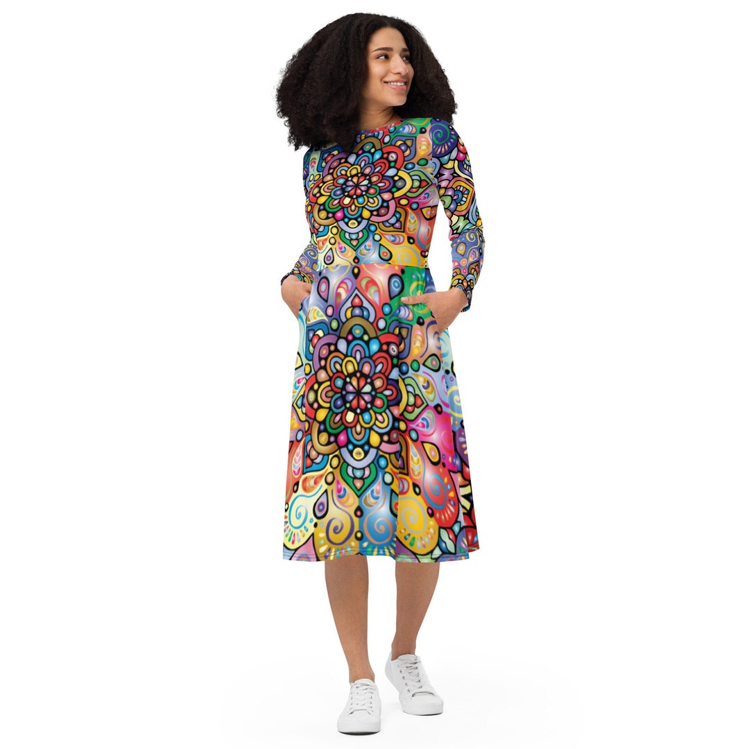 Mandala Midi Dress Long-sleeves Winter Flare Dresses Colorful Yantra ...