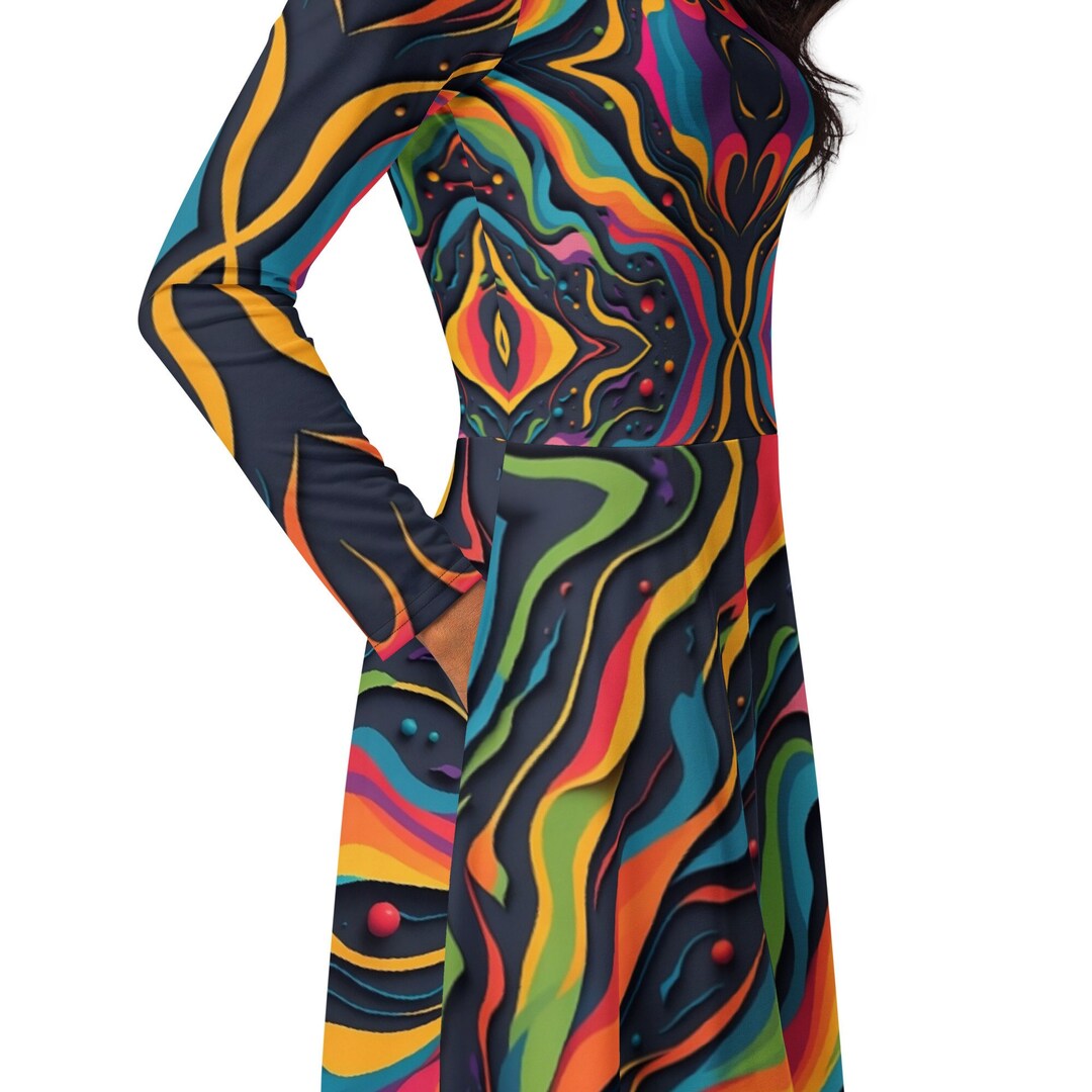 Psychedelic Long Dress Sleeves Below Knees Dresses Colorful Winter ...
