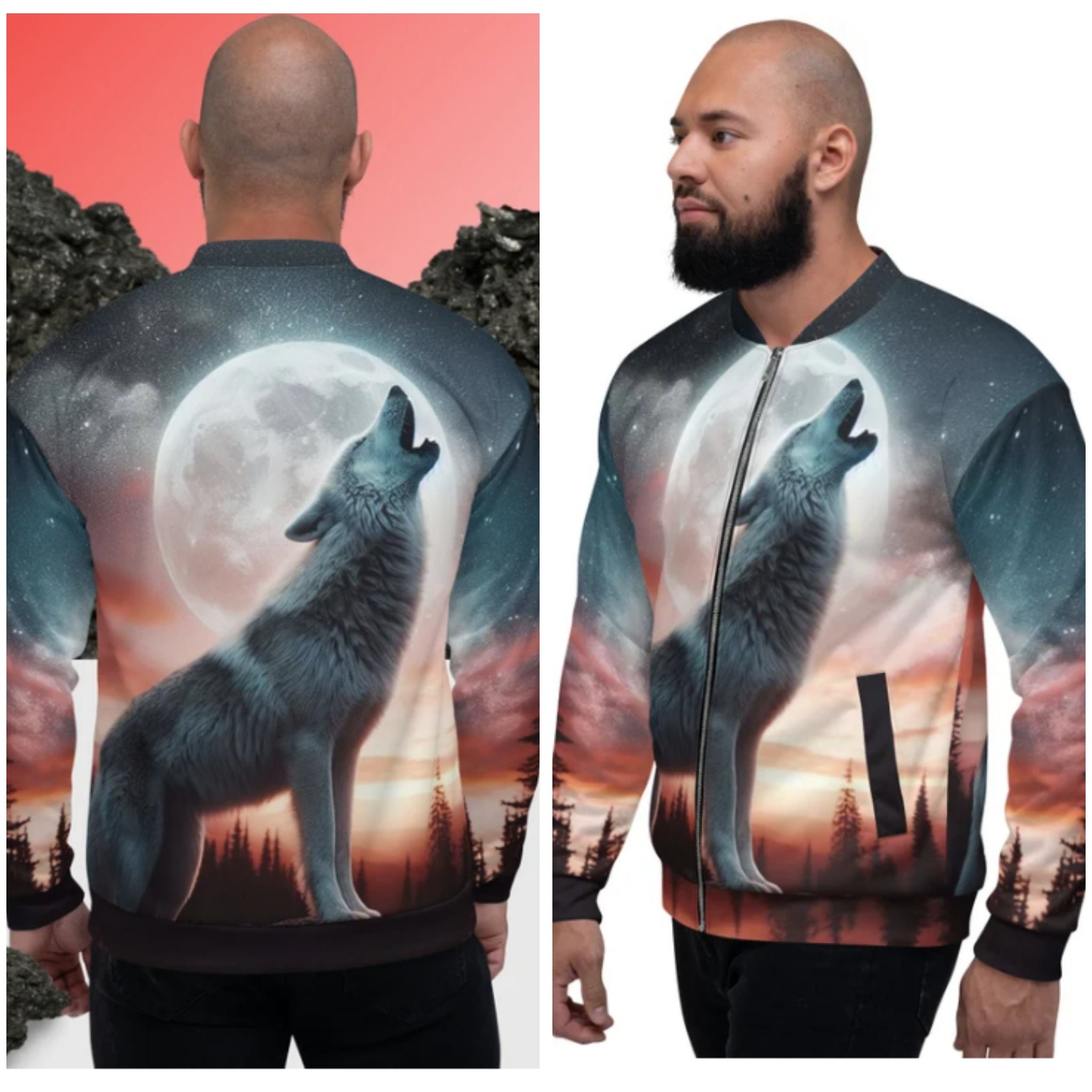 Wolf Howl Bomber Jacket, Men's Women's Winter Coat, Design Stylish ...