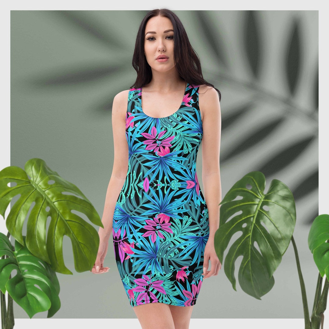 Neon Tropical Bodycon Floral Dress Women's Tropics Design Outfit, Cute ...