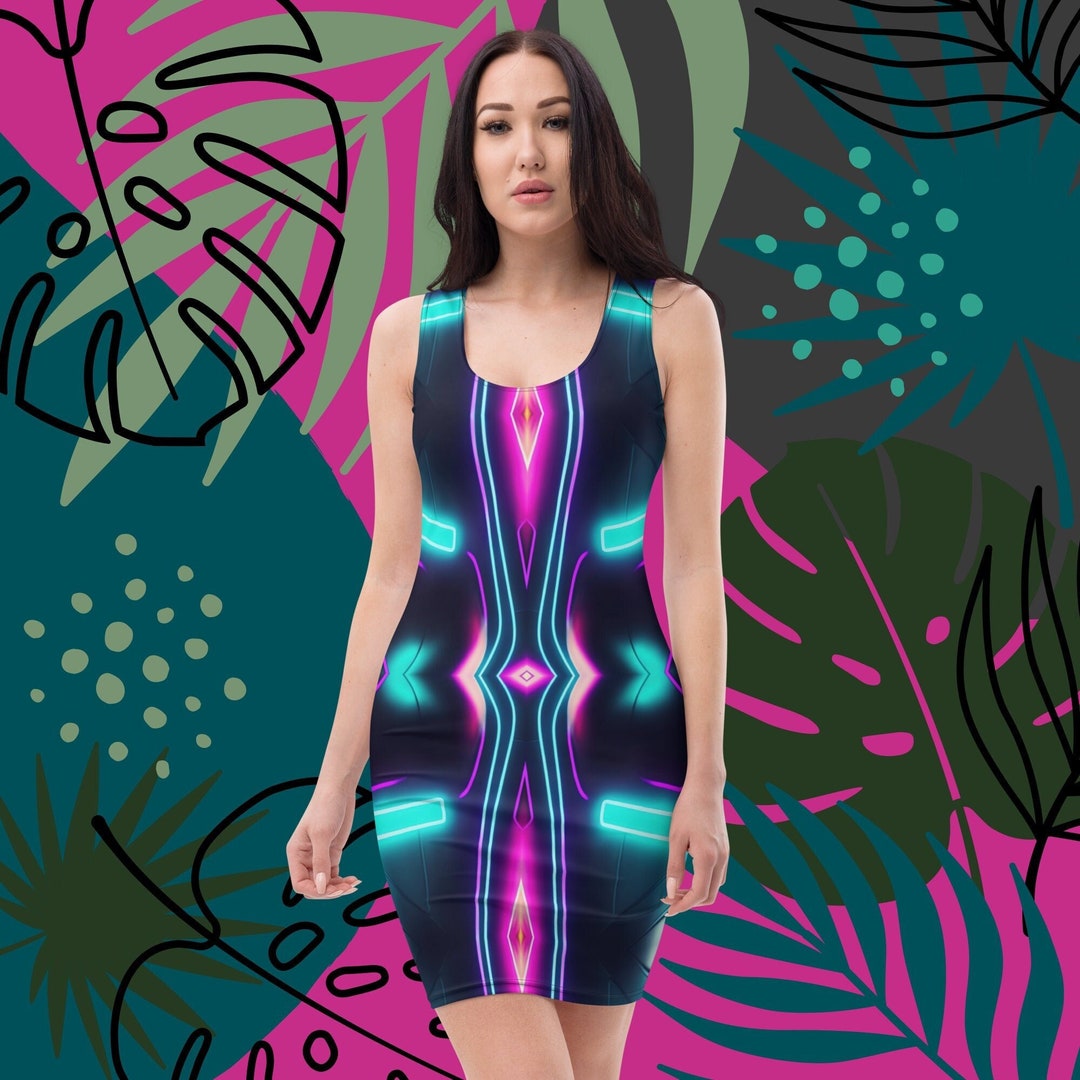 Techno Dance Dress Rave Bodycon Neon Glow Mini Dresses Clubwear Fitted ...