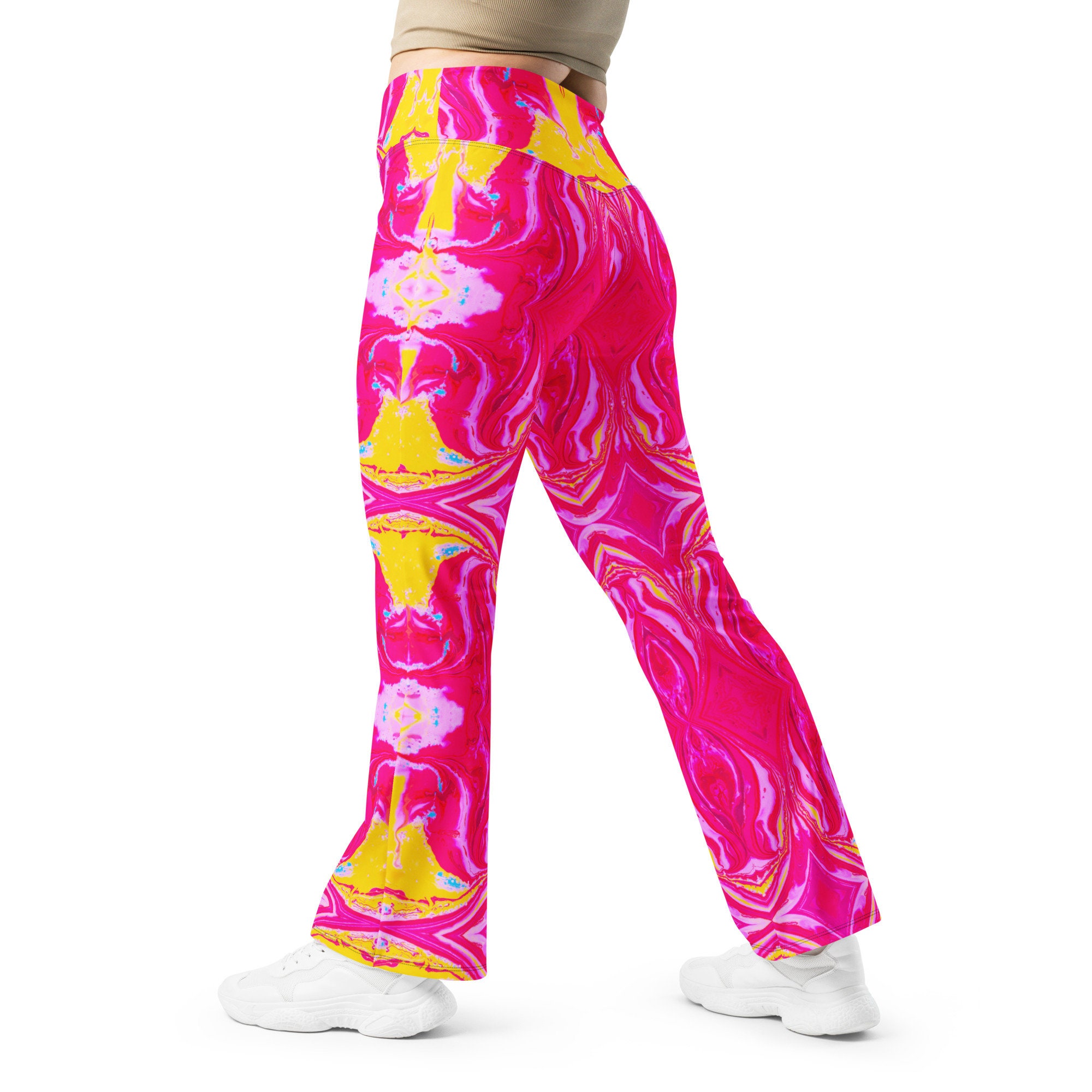 Neon Pink Leggings Yoga Pants Flare Bell Bottoms Yellow Stretchy Wide ...