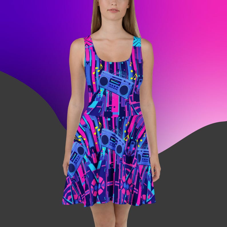 Retro Beats Skater Dress Neon 80's Sundress 90's Style Music Outfit ...