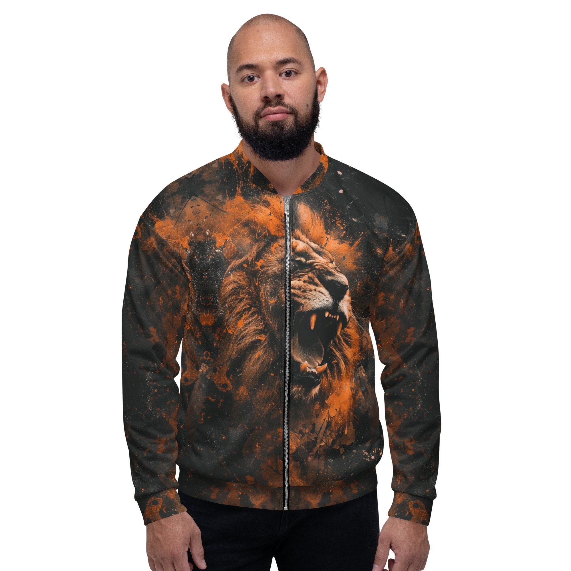 Lion Roar Jacket Men's Bomber Jackets Lightweight Winter Coat Rustic Orange Black Design Zip up ...