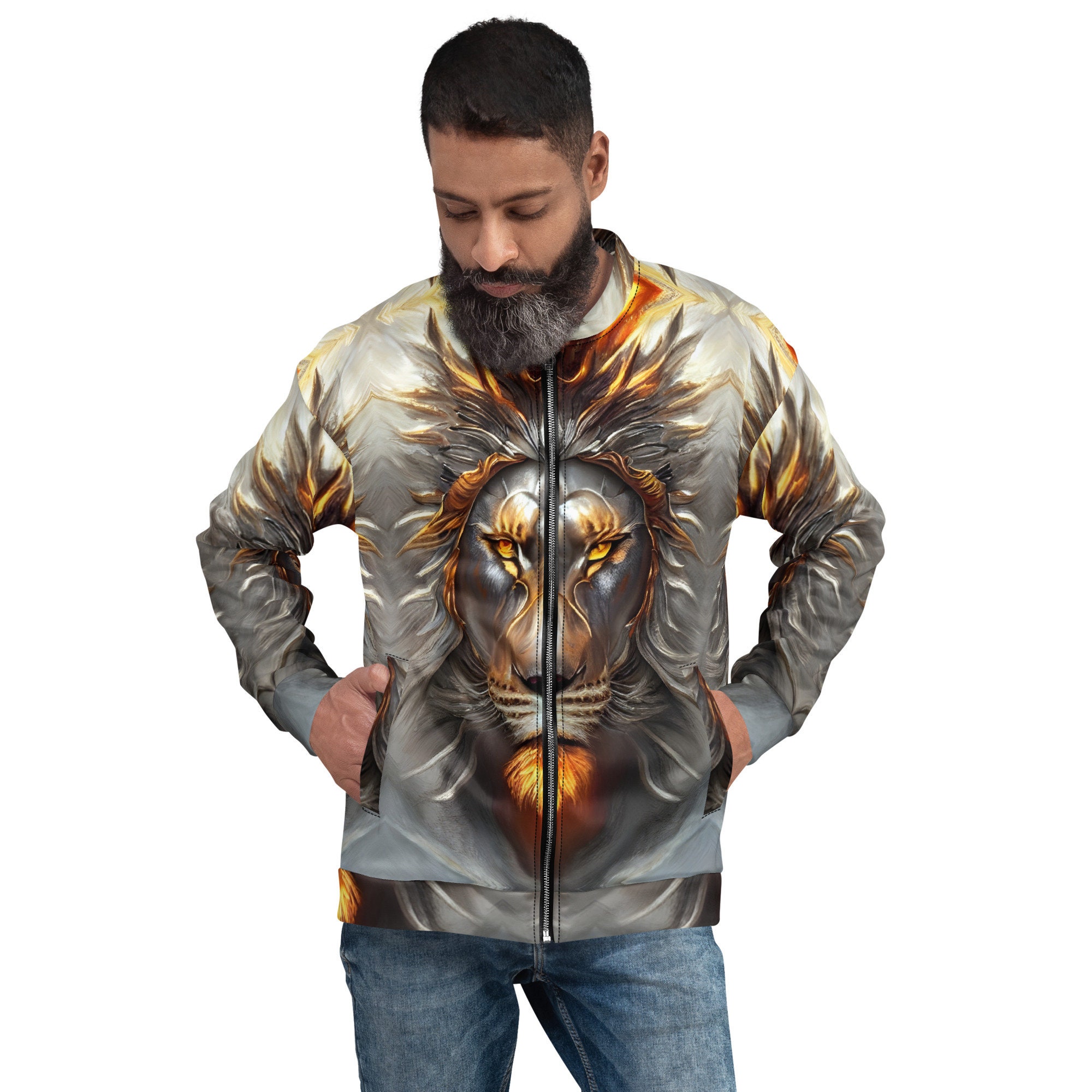Platinum Lion Jacket Men's Fire Design Bomber Jackets Silver Winter ...