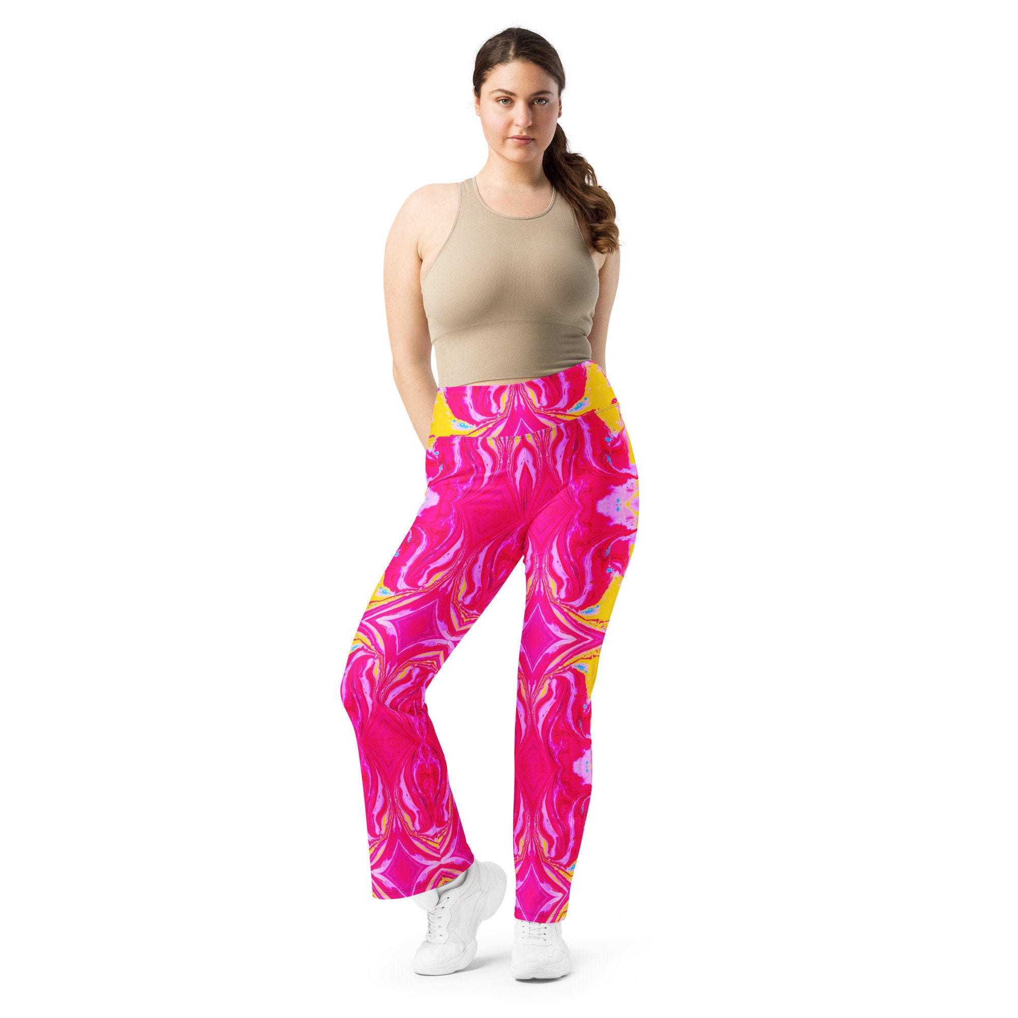 Neon Pink Leggings Yoga Pants Flare Bell Bottoms Yellow Stretchy Wide ...