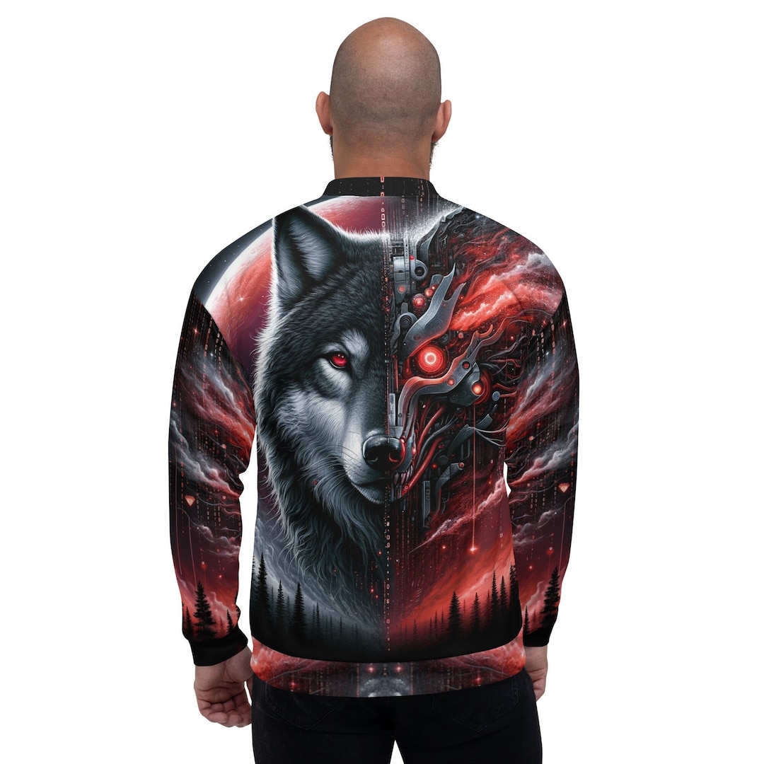 Red Wolf Men's Jacket, Cyber Sci-fi Wolves Bomber Jackets, Robot Dog ...