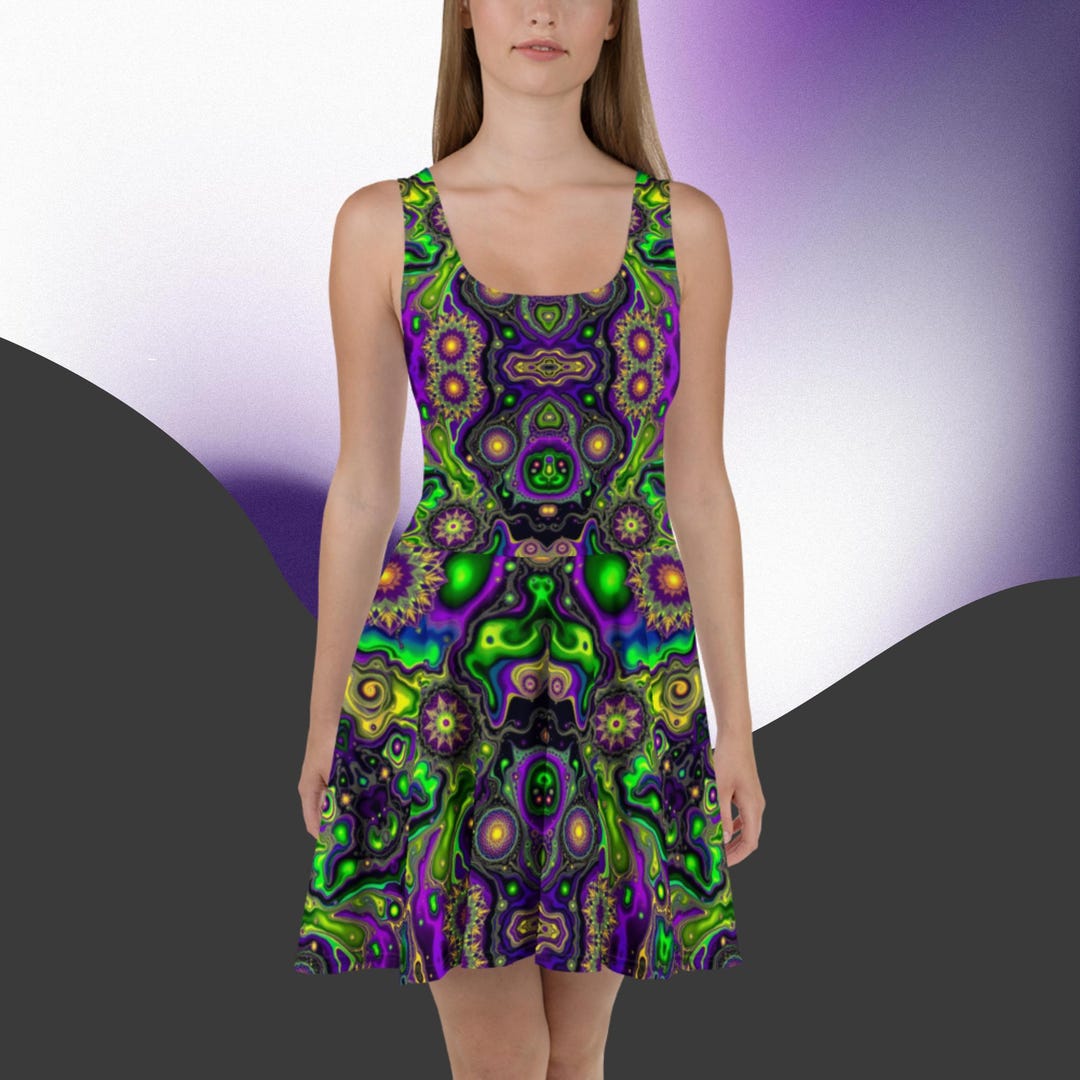 Psychedelic Skirt Outfit Neon Trippy Skater Dress Purple Funky Sundress ...