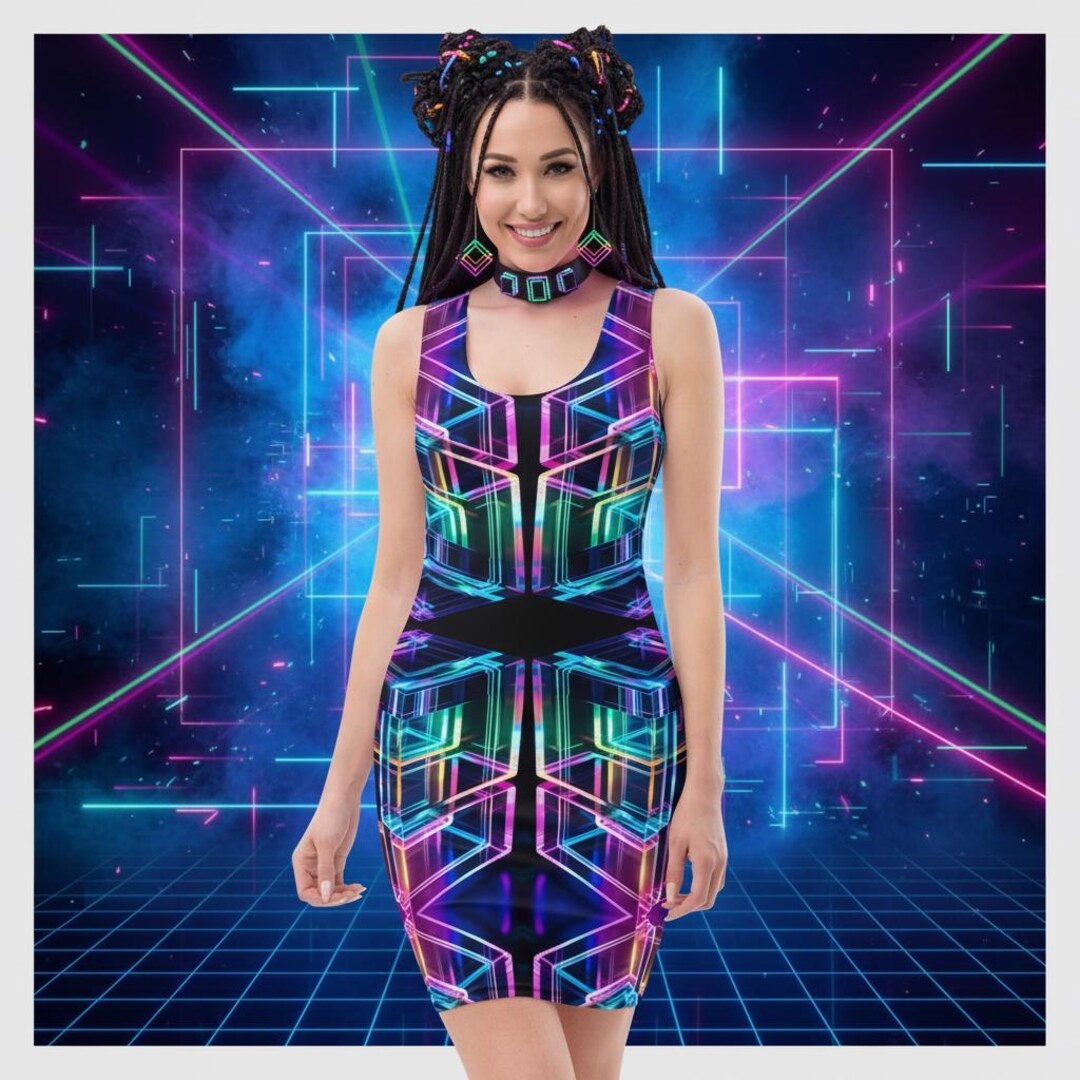 Techno 3-D Bodycon Dress Glow Design Mini Dresses Rave Style Party ...