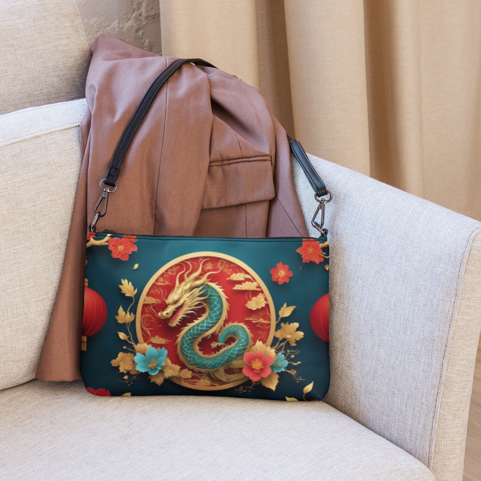 Gold Dragon Crossbody Bag Red Teal Purse Mystical Design Handbag Women ...