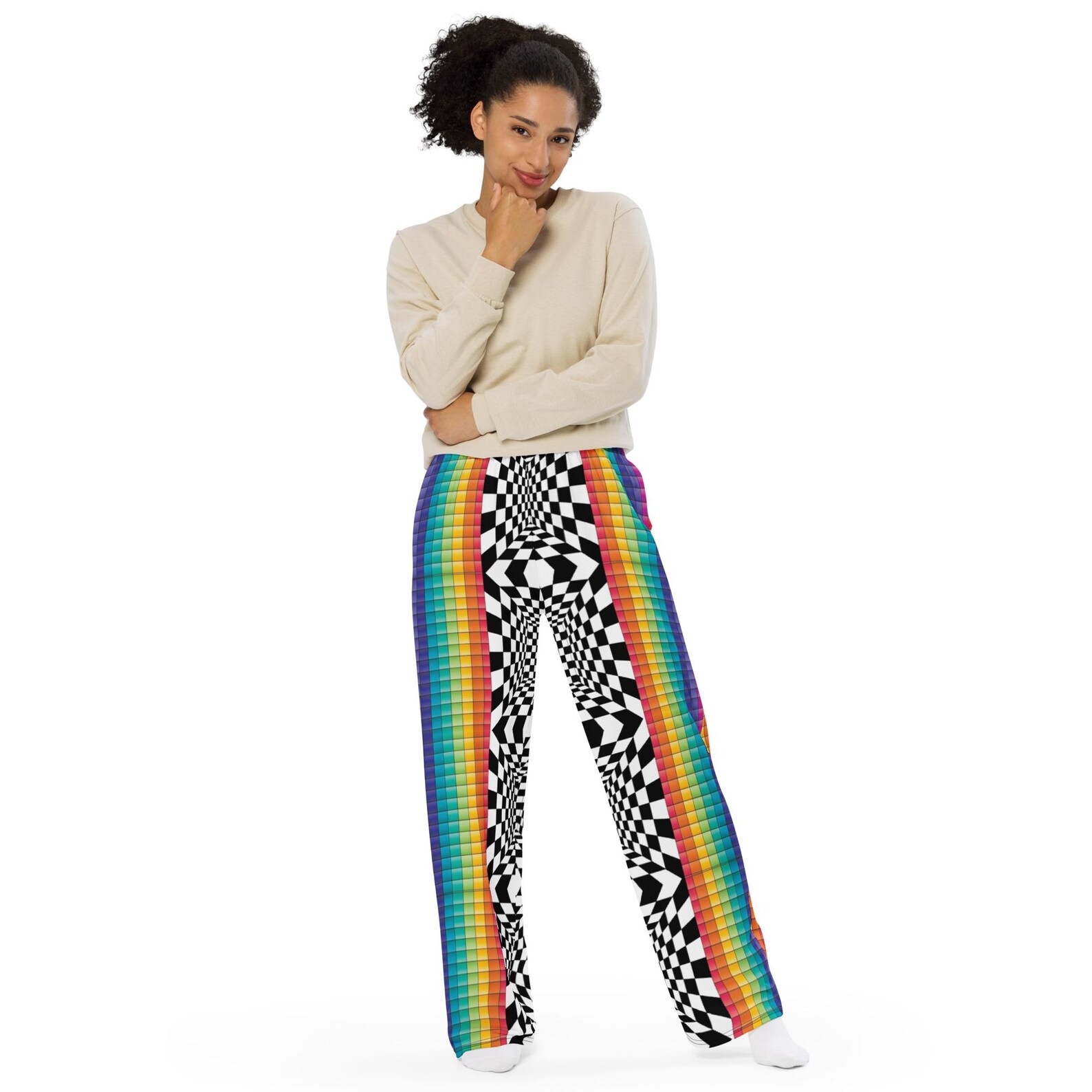 Rainbow Wide-leg Pants Checkered Trousers Mismatch Colorful Britches ...
