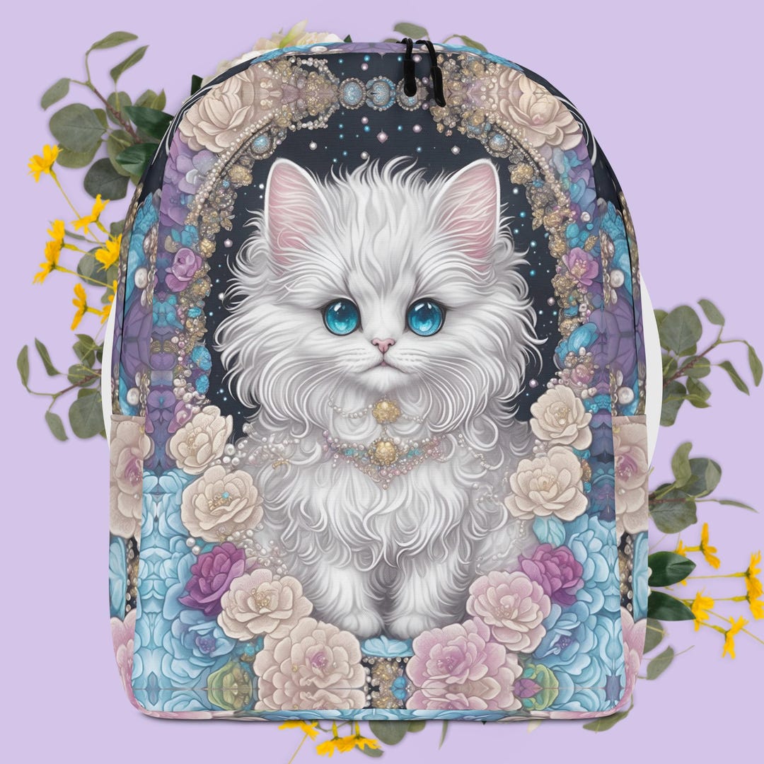 Persian Cat Backpack Flowers Bookbag Kitty Travel Bag Girls Kitten Book ...